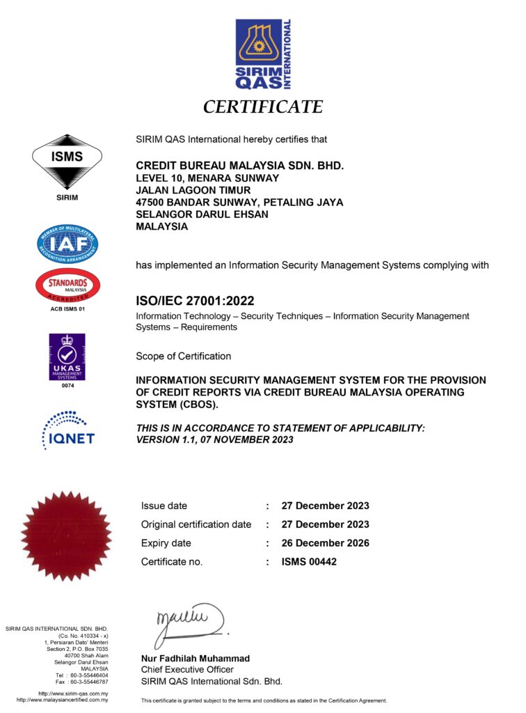 Credit Bureau Malaysia Sdn Bhd (CBM) Achieves the Latest ISO/IEC 27001 ...
